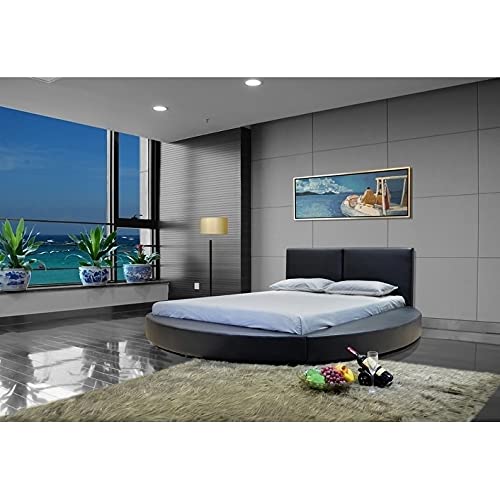 Greatime Modern Round Bed, Queen Size Bed, Black Color Contemporary Platform Bed, Fully Upholstered Faux Leather Bed, Easy Assembly Bed Frame with Headboard