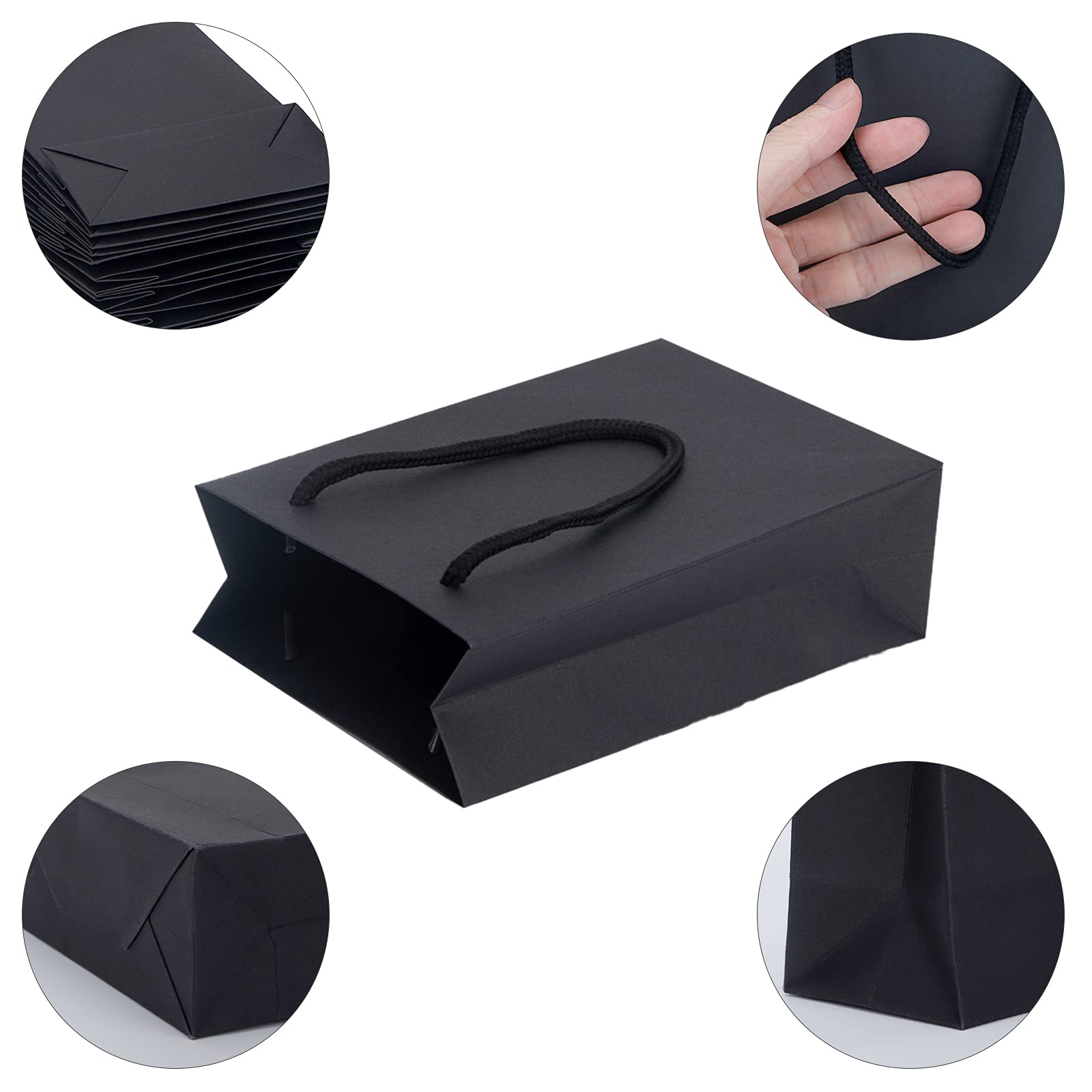 Katfort Mini Small Black Paper Gift Bags 50 Pack, 5.1x2.4x7.5inch Small Black Gift Bags Bulk with Cotton Handle, Small Size Matte Black Bags for Gifts Kraft Paper Bag