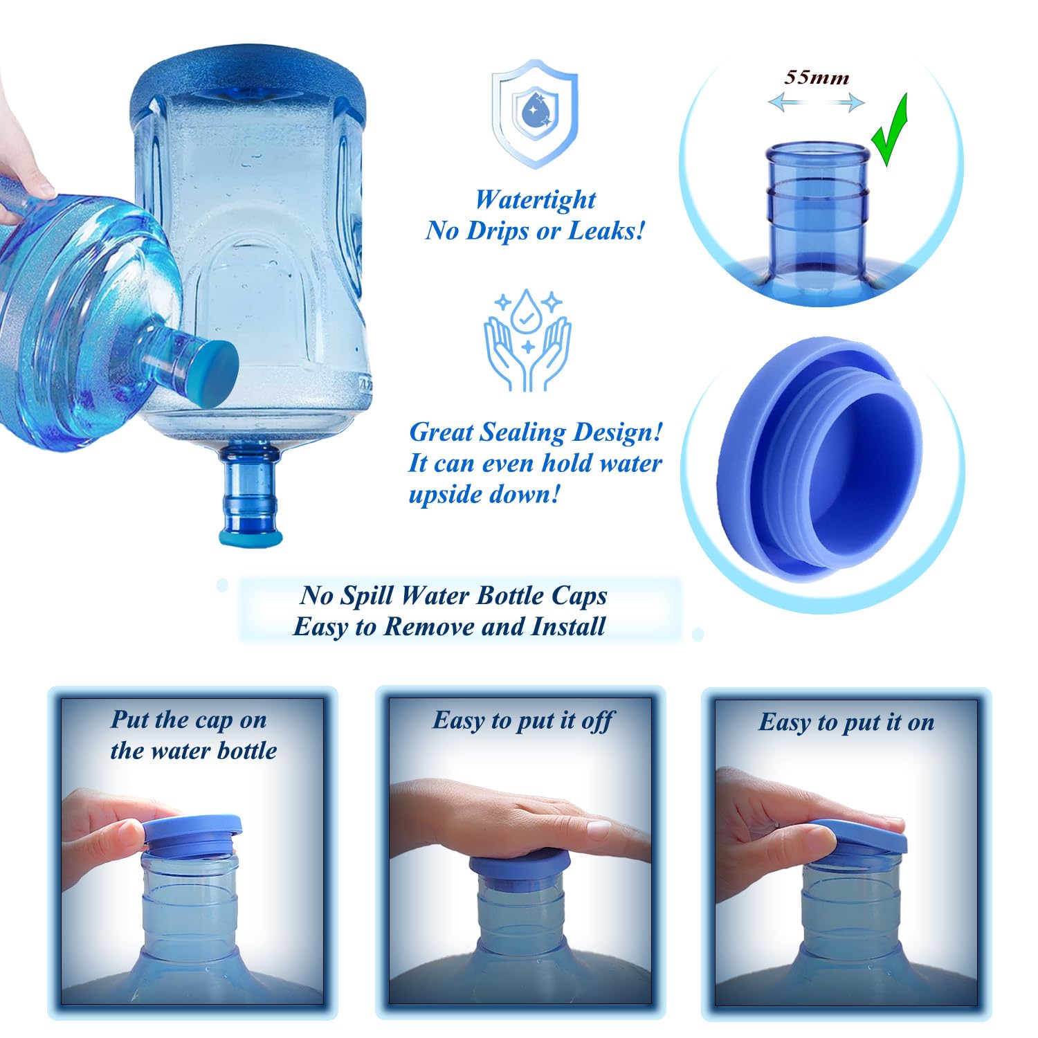5 Gallon Water Jug Caps Reusable, Fit 55mm bottle openings, Anti-Splash, No-Spill, Leak Proof and Air Tight, 4 Pack