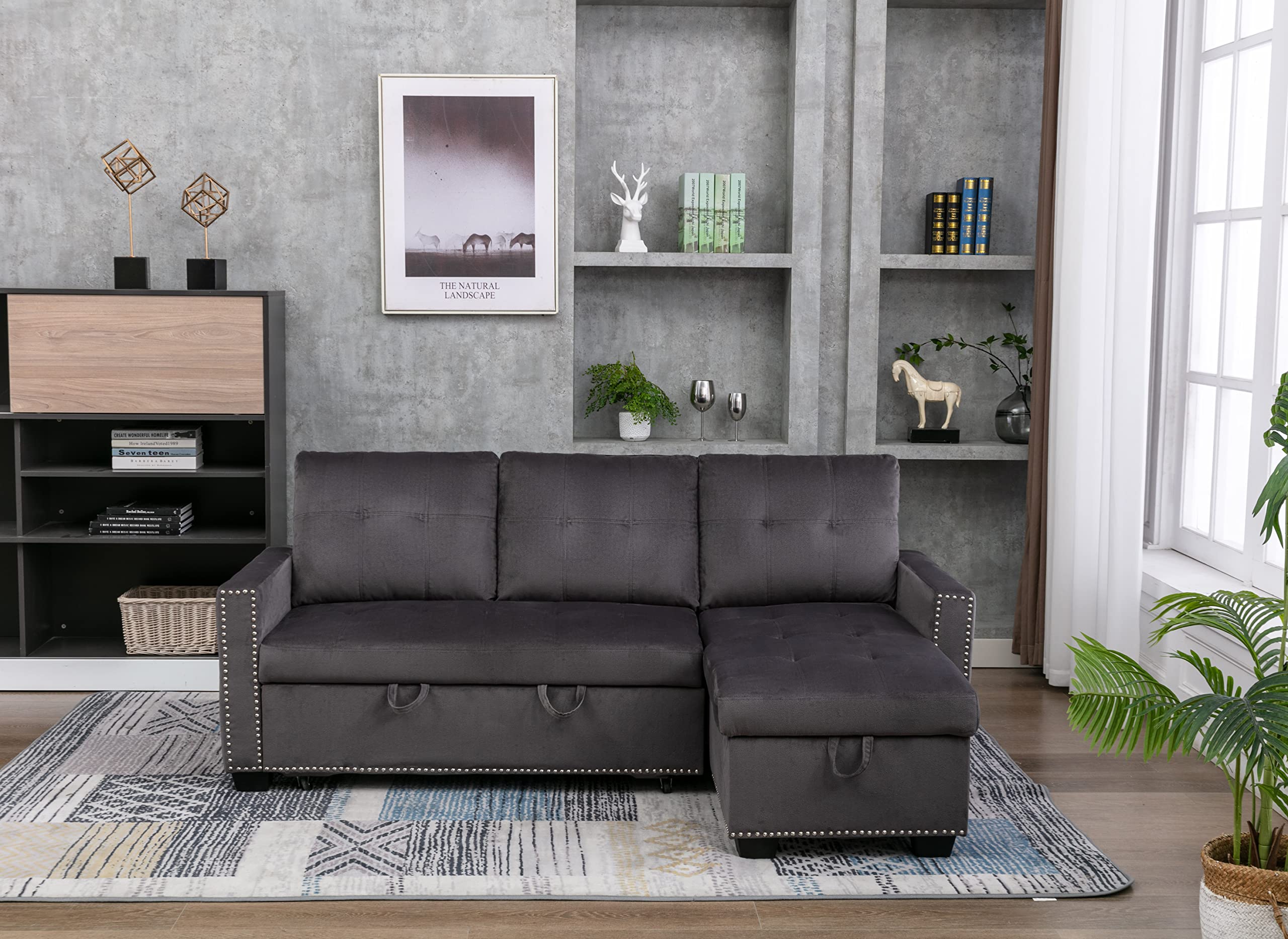 SONGG 77" L-Shape Sectional Sofa w/Storage Chaise, Velvet Reversible Convertible Couch with Pull Out Bed, Removable Cushions, Button Tufted Backrest, for Living Room, Office, Dark Gray