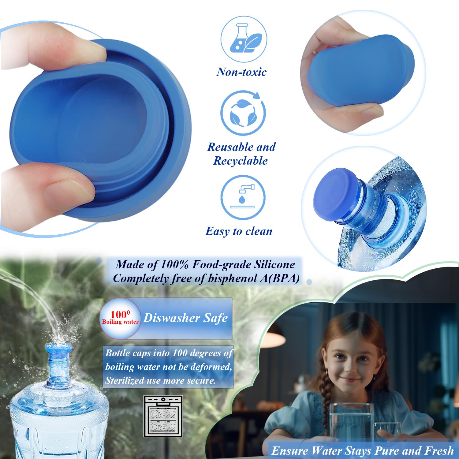 5 Gallon Water Jug Caps Reusable, Fit 55mm bottle openings, Anti-Splash, No-Spill, Leak Proof and Air Tight, 4 Pack