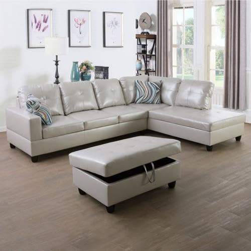 HOMVET Couch Furniture, Sectional Set L Shape Sofa Storage Ottoman for Living Room/Apartment/Office,Right Chaise, Powder Color