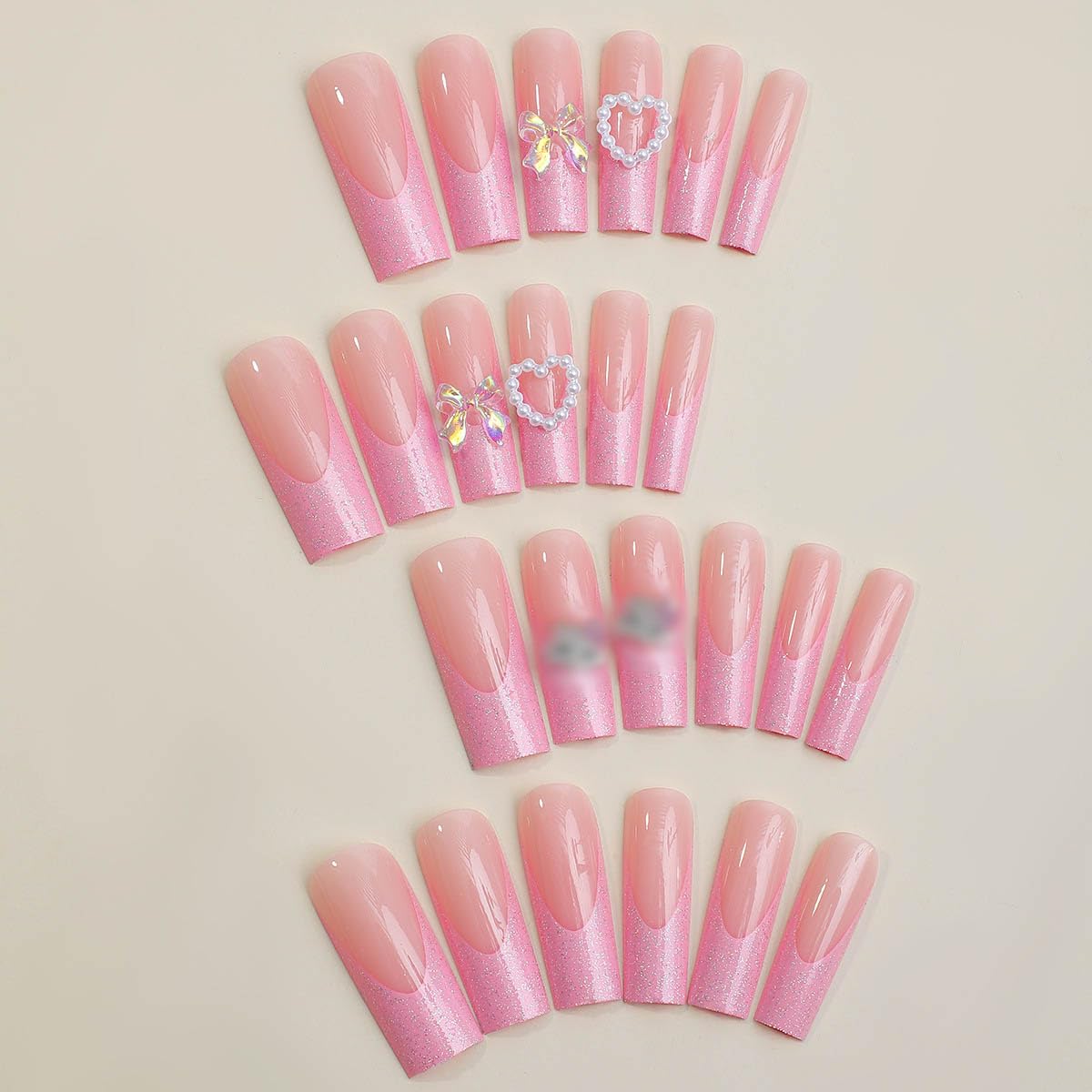French Tip Press on Nails Long Square False Nails Tube Shape Pink Acrylic Nails with Rhinestones 3D Cat and Heart Bow Designs Glue on Nails Glitter Fake Nails Press Ons for Women 24pcs from QQPPOLIU
