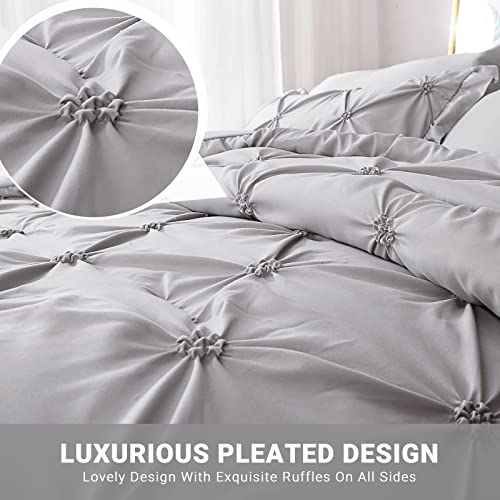 JOLLYVOGUE Queen Comforter Set 8 Pieces, Pintuck Gray Bed in a Bag Comforter Set for Bedroom, Beddding Sets with Comforter, Sheets, Bed Skirt, Ruffled Shams & Pillowcases