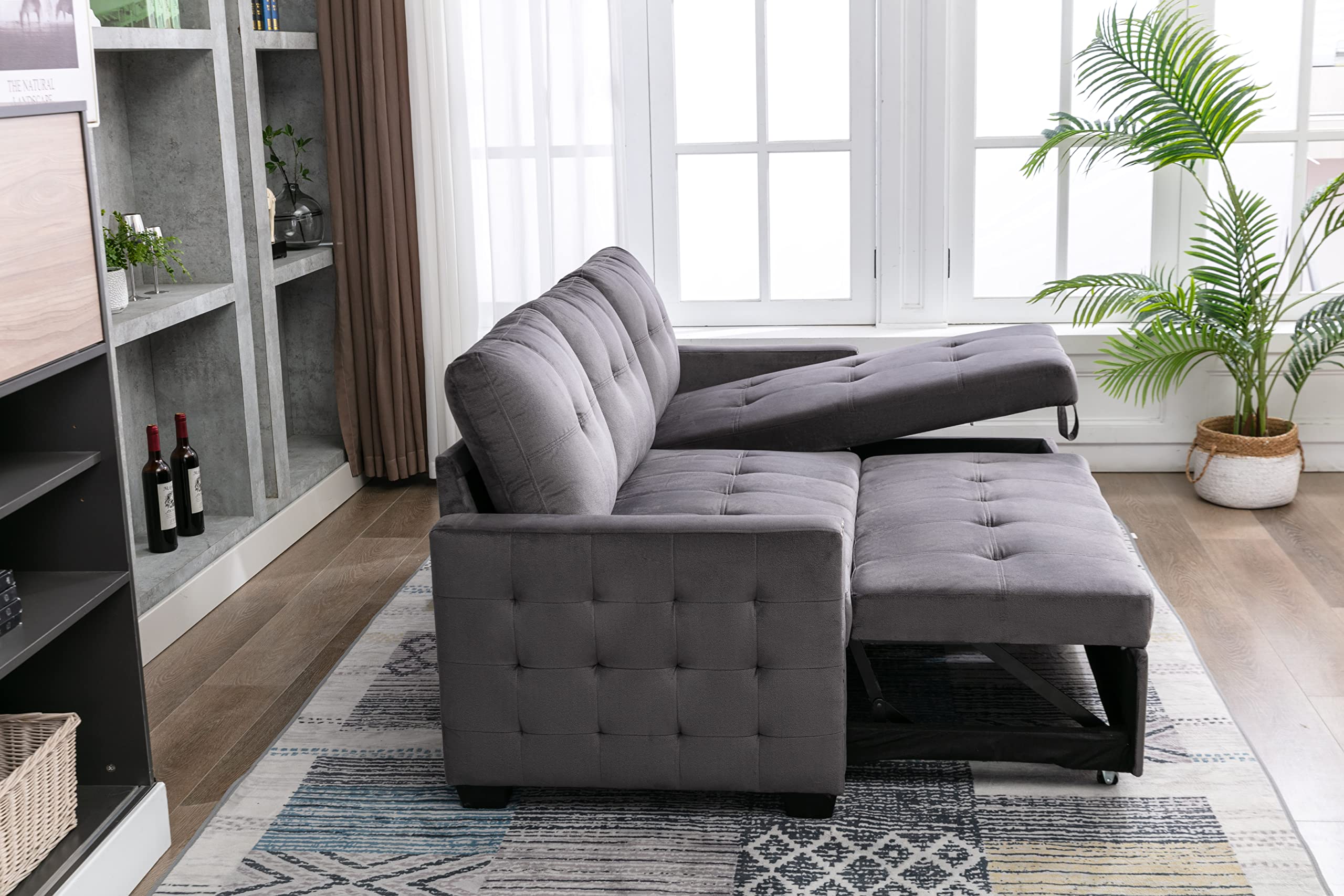 SONGG 77" L-Shape Sectional Sofa w/Storage Chaise, Velvet Reversible Convertible Couch with Pull Out Bed, Removable Cushions, Button Tufted Backrest, for Living Room, Office, Dark Gray