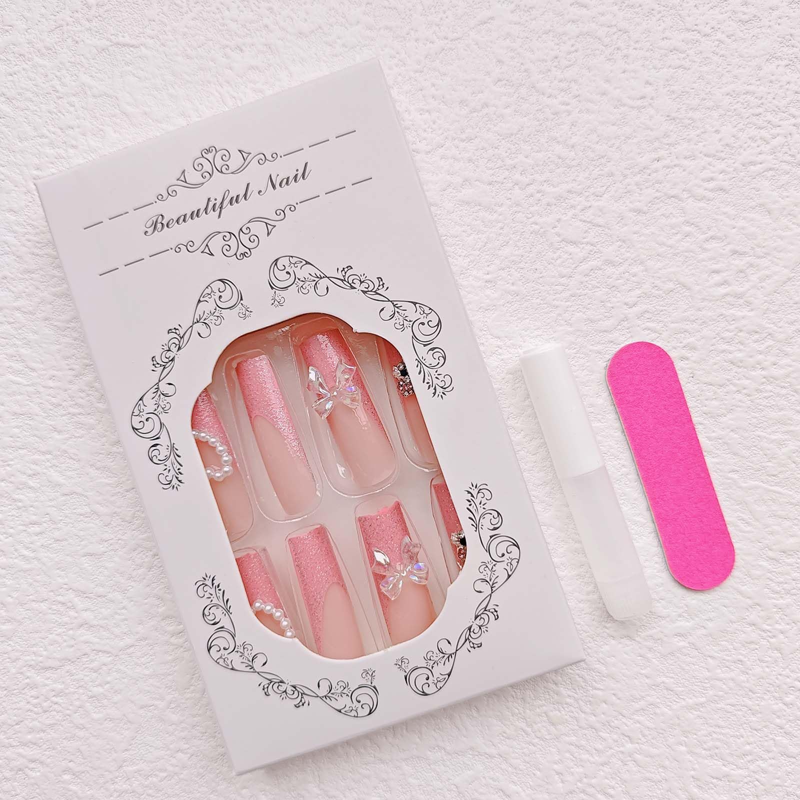 French Tip Press on Nails Long Square False Nails Tube Shape Pink Acrylic Nails with Rhinestones 3D Cat and Heart Bow Designs Glue on Nails Glitter Fake Nails Press Ons for Women 24pcs from QQPPOLIU