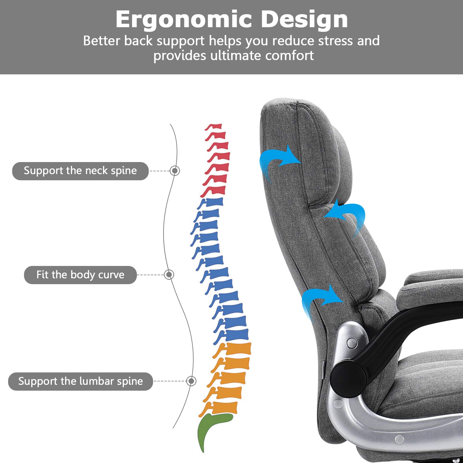 Giantex Executive Office Chair, Big and Tall Ergonomic Computer Chair, Adjustable Tilt Angle and Flip-up Armrest Linen Fabric Upholstered Chair with Thick Padding, High Back Managerial Chair (Grey)