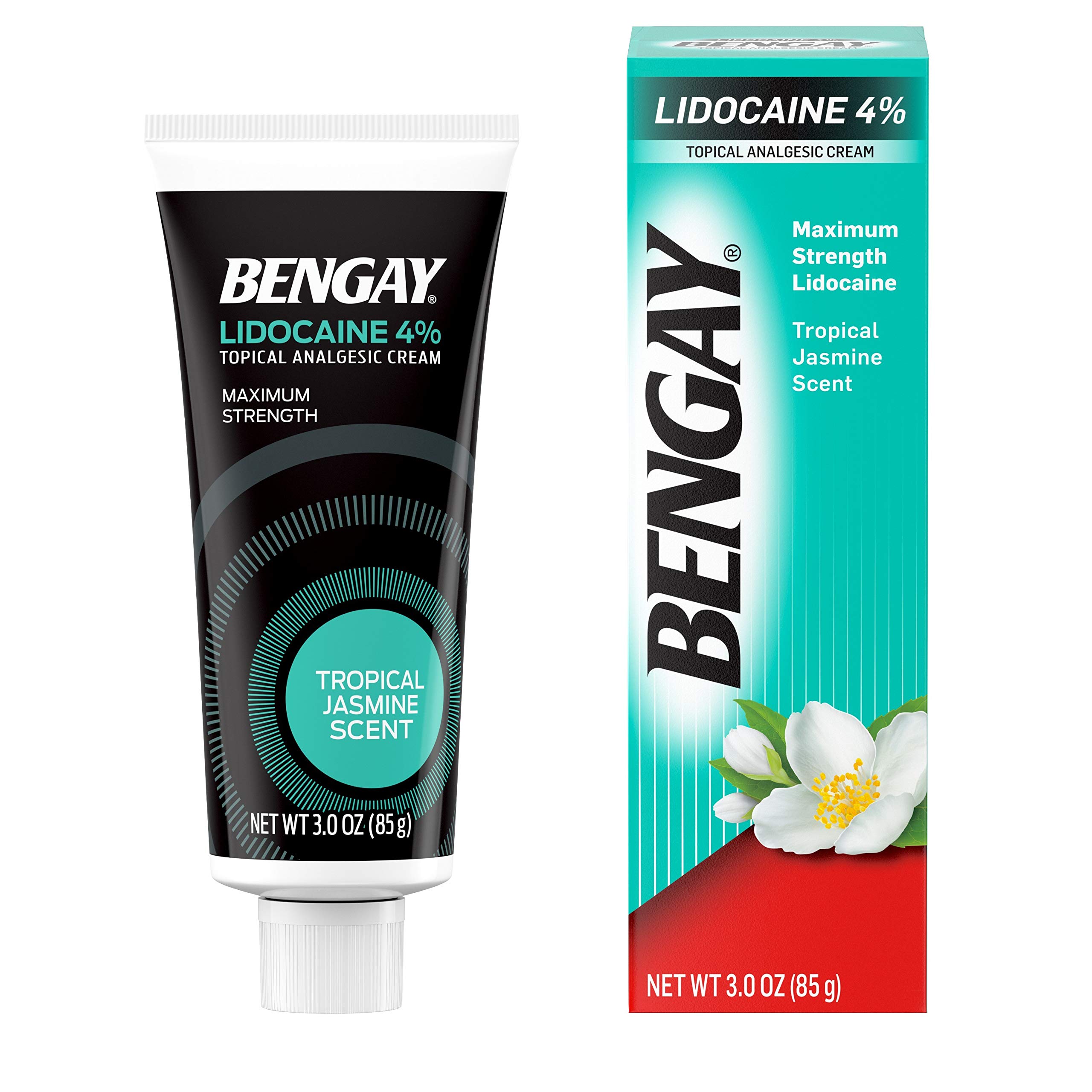 Bengay Pain Relieving Lidocaine Cream, Non-Greasy Topical Analgesic Cream with The Maximum Strength Numbing Relief of 4% Lidocaine HCl, Pleasant and Soothing Tropical Jasmine Scent, 3 oz