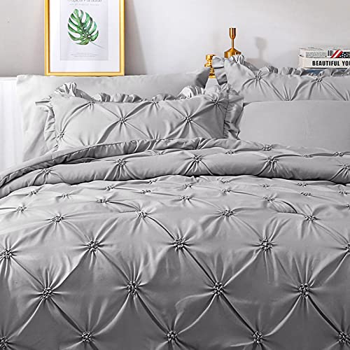 JOLLYVOGUE Queen Comforter Set 8 Pieces, Pintuck Gray Bed in a Bag Comforter Set for Bedroom, Beddding Sets with Comforter, Sheets, Bed Skirt, Ruffled Shams & Pillowcases