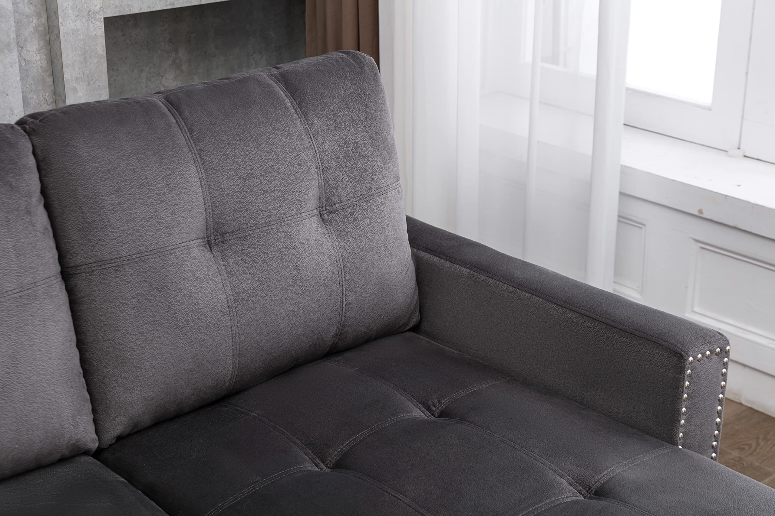 SONGG 77" L-Shape Sectional Sofa w/Storage Chaise, Velvet Reversible Convertible Couch with Pull Out Bed, Removable Cushions, Button Tufted Backrest, for Living Room, Office, Dark Gray
