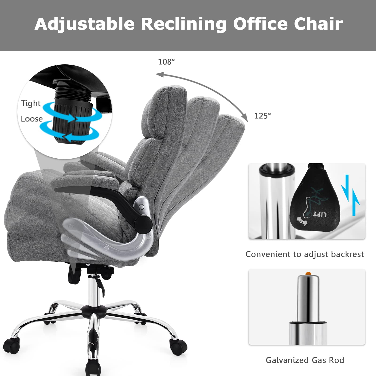 Giantex Executive Office Chair, Big and Tall Ergonomic Computer Chair, Adjustable Tilt Angle and Flip-up Armrest Linen Fabric Upholstered Chair with Thick Padding, High Back Managerial Chair (Grey)