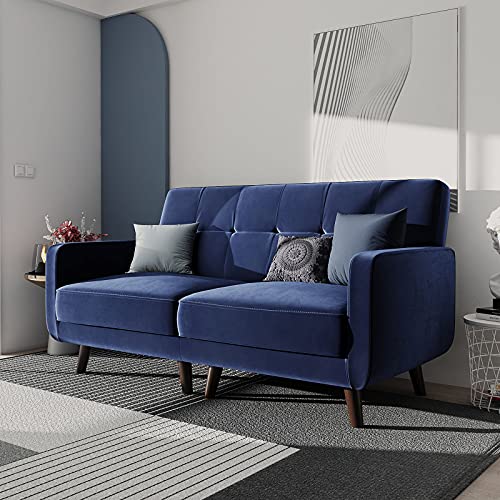 HONBAY Upholstered Loveseat Blue Velvet 2 Seater Sofa Loveseat with Tufted Back, Living Room, Apartment, Office, 62.2''