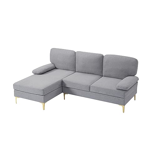 Goohome 79.5'' Linen L-Shaped Left-Hand Facing Sectional Sofa Metal Legs and 2 Detachable Armrest Pillows, Modern 3-Seater Fabric Couches for Living Room Apartment Small Space, A-Light Grey