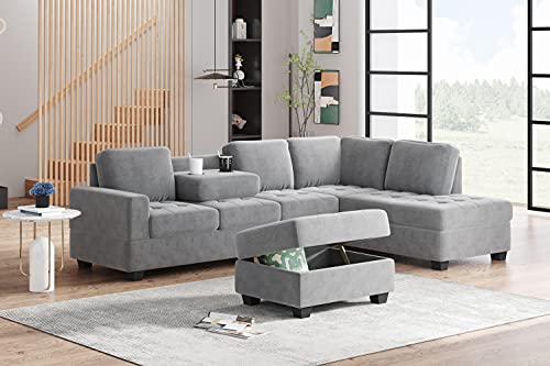 Eafurn Velvet Upholstery Convertible Sectional Sofa with Reversible Chaise, L Shaped Corner Couch with Storage Ottoman and 2 Cup Holders,Button Tufted 6 Seater Sofabed for Living Room Furniture Sets