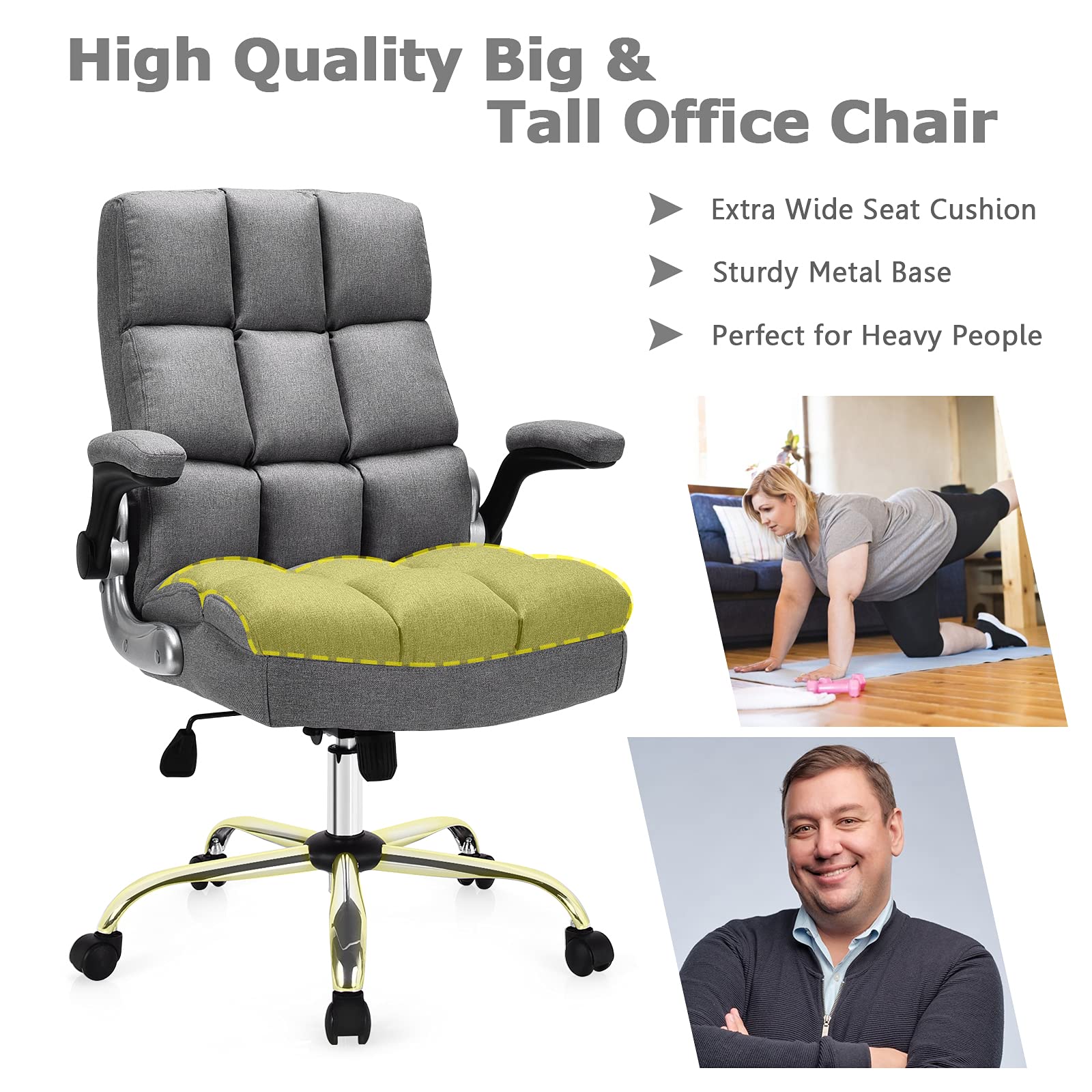 Giantex Executive Office Chair, Big and Tall Ergonomic Computer Chair, Adjustable Tilt Angle and Flip-up Armrest Linen Fabric Upholstered Chair with Thick Padding, High Back Managerial Chair (Grey)