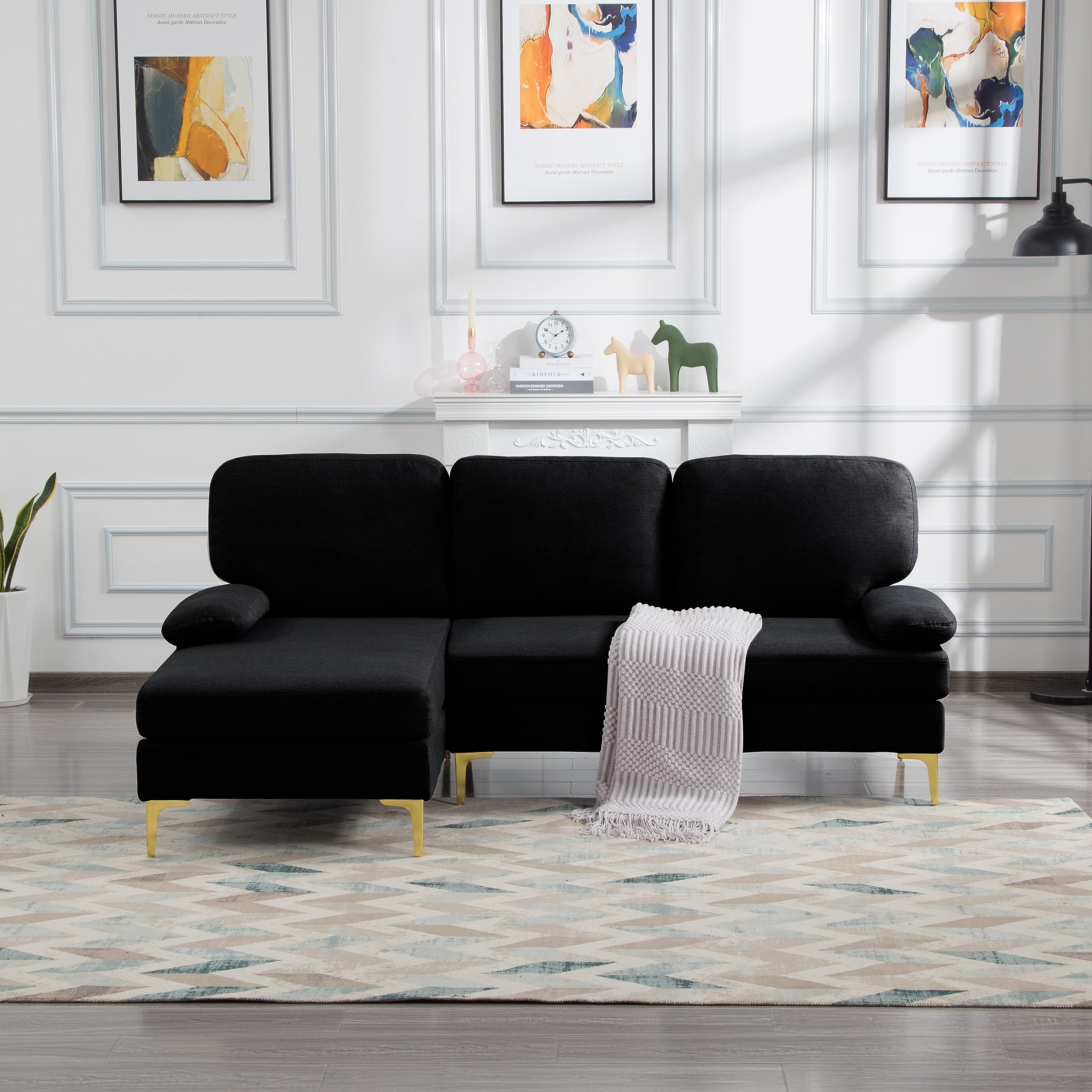 KoiHome 79.5" Left Hand Facing Sectional Sofa Couch with 2 Detachable Armrest Pillows, Modern Fabric 3-Seater L Shape Chaise with Gold Metal Legs for Living Room,Apartment,Office, Polyester, Black