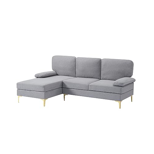 Goohome 79.5'' Linen L-Shaped Left-Hand Facing Sectional Sofa Metal Legs and 2 Detachable Armrest Pillows, Modern 3-Seater Fabric Couches for Living Room Apartment Small Space, A-Light Grey