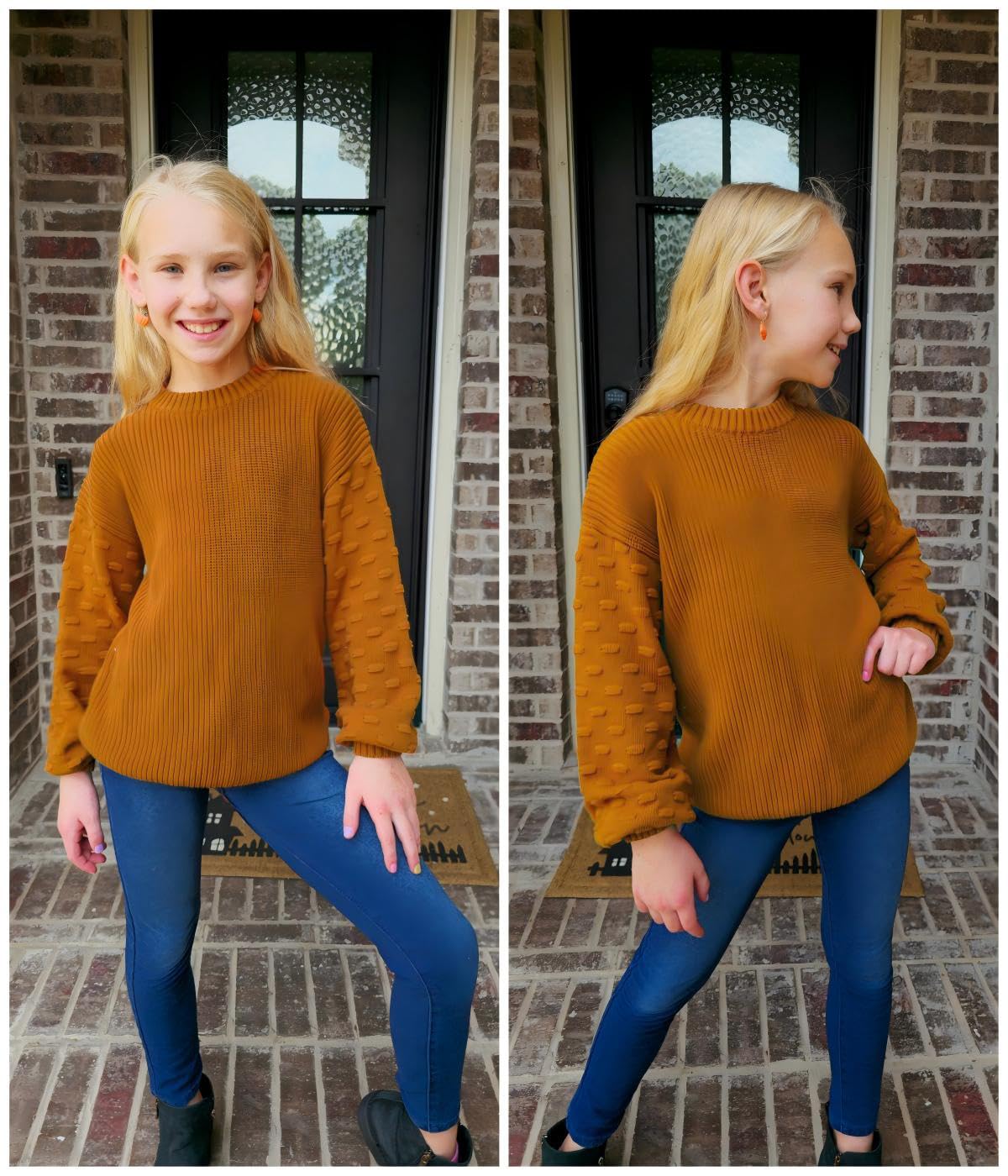 Arshiner Kids Girls Slouchy Chunky Sweater Drop Shoulder Puff Long Sleeve Pullovers Ribbed Loose Outwear Brown 11-12 Years