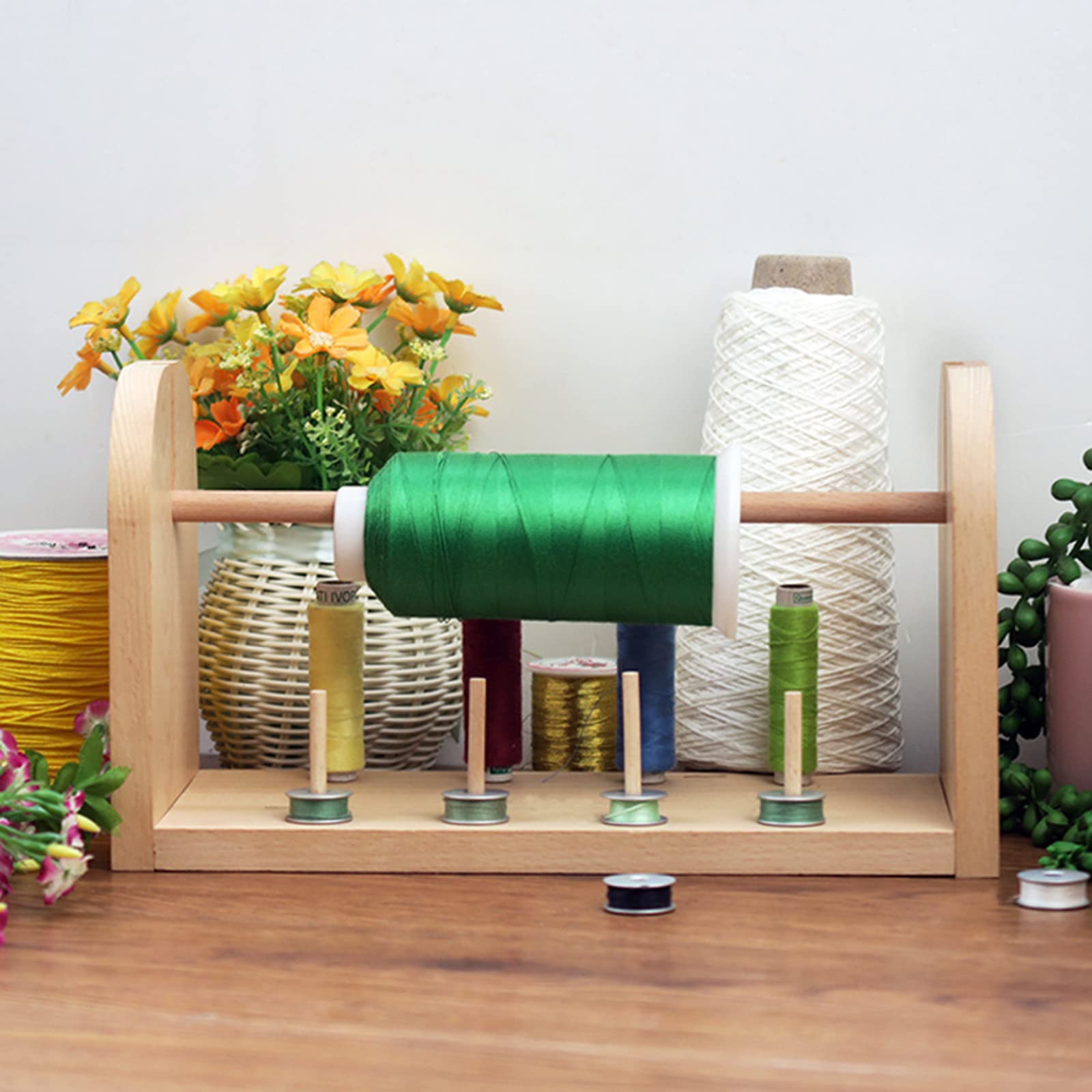 PhantomSky Wooden Spinning Yarn, Thread Holder/Thread Rack with 1 Horizontal and 8 Vertical Spindles - for Sewing, Quilting, Embroidery, Hair-braiding, DIY Making