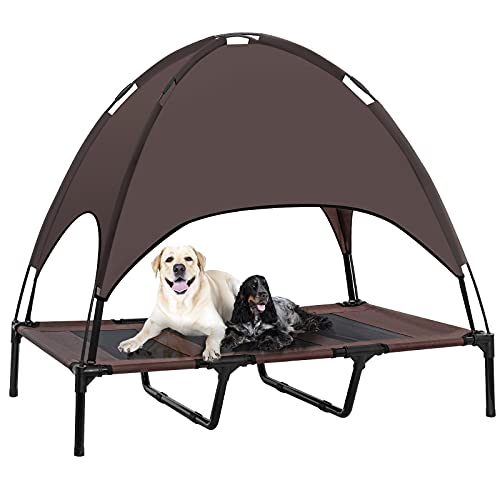Heeyoo 48 Inches Extra Large Elevated Dog Bed with Canopy, Portable Indoor Outdoor Pet Cot with Removable Canopy Shade Tent for Dogs and Cats, Brown