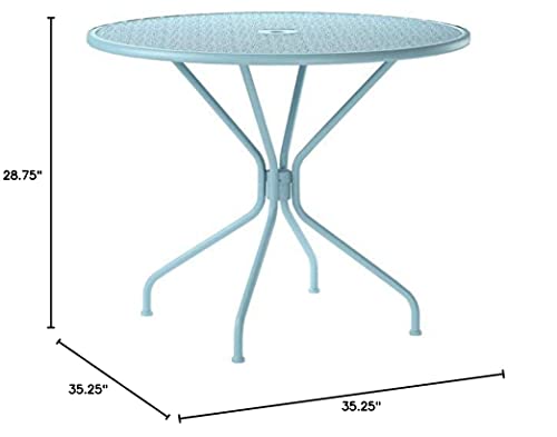 Flash Furniture Commercial Grade 35.25" Round Sky Blue Indoor-Outdoor Steel Patio Table with Umbrella Hole