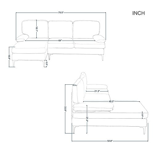 Goohome 79.5'' Linen L-Shaped Left-Hand Facing Sectional Sofa Metal Legs and 2 Detachable Armrest Pillows, Modern 3-Seater Fabric Couches for Living Room Apartment Small Space, A-Light Grey