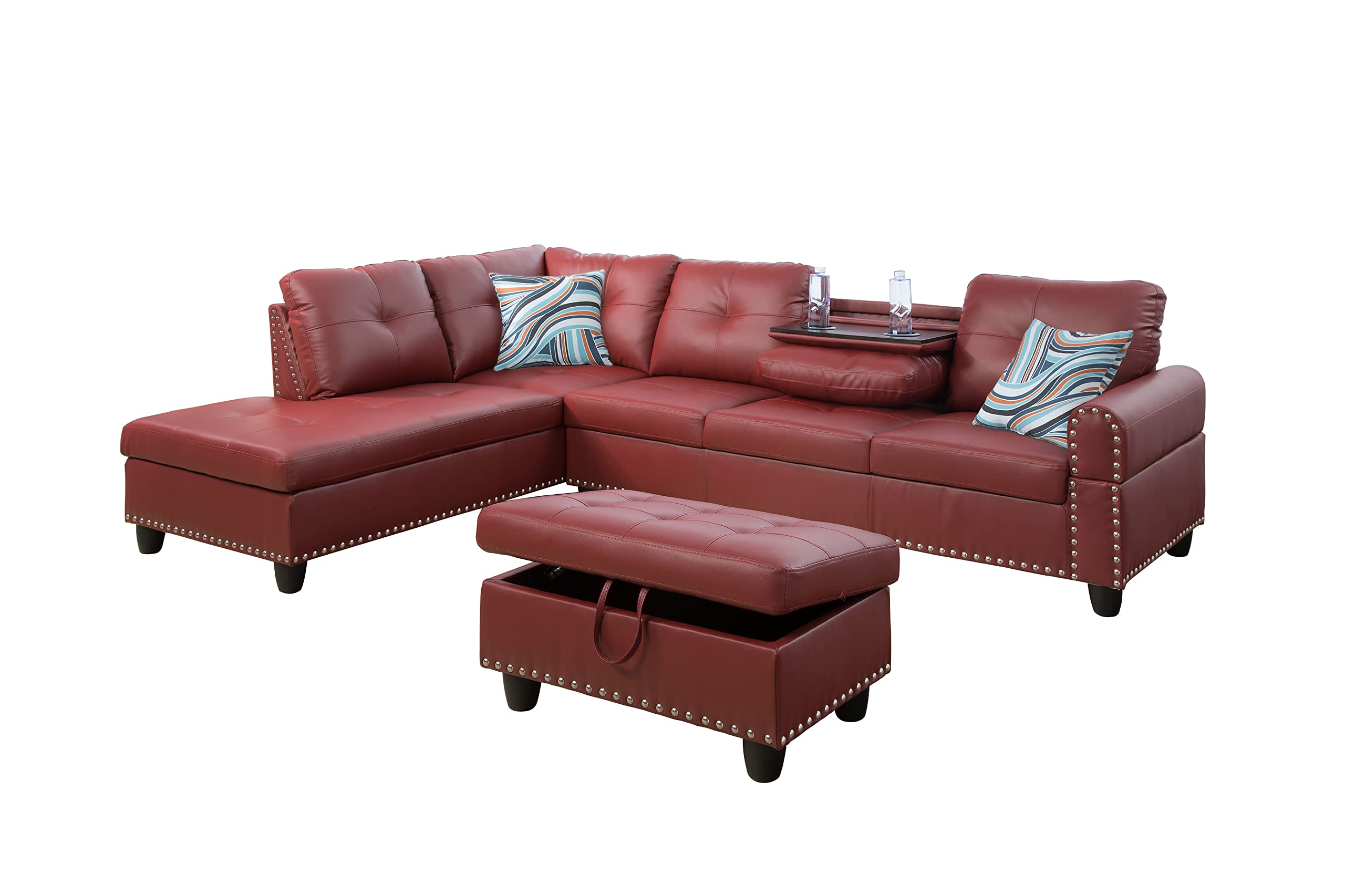 EZLUX Red Faux Synthetic Leather Left Chaise Sectional Sofa Couch Set with Storage Ottoman and Cup Holder for Living Room, Onesize