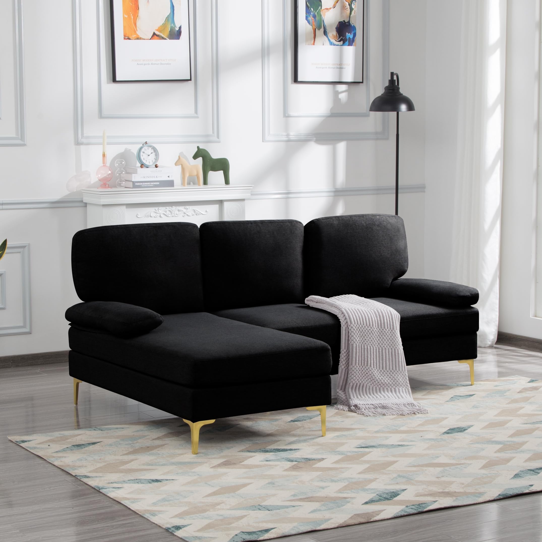 KoiHome 79.5" Left Hand Facing Sectional Sofa Couch with 2 Detachable Armrest Pillows, Modern Fabric 3-Seater L Shape Chaise with Gold Metal Legs for Living Room,Apartment,Office, Polyester, Black