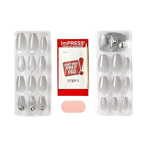 KISS imPRESS No Glue Mani Press On Nails, Premium, 'Legacy', Gray, Medium Size, Coffin Shape, Includes 30 Nails, Prep Pad, Instructions Sheet, 1 Manicure Stick, 1 Mini File