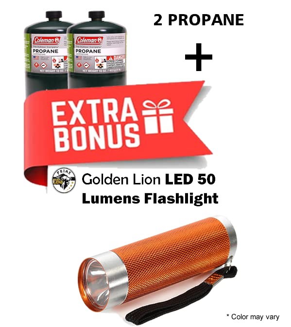 Propane Tank 2 Pack with Golden Lion Bonus: LED 50 Lumens Flashlight