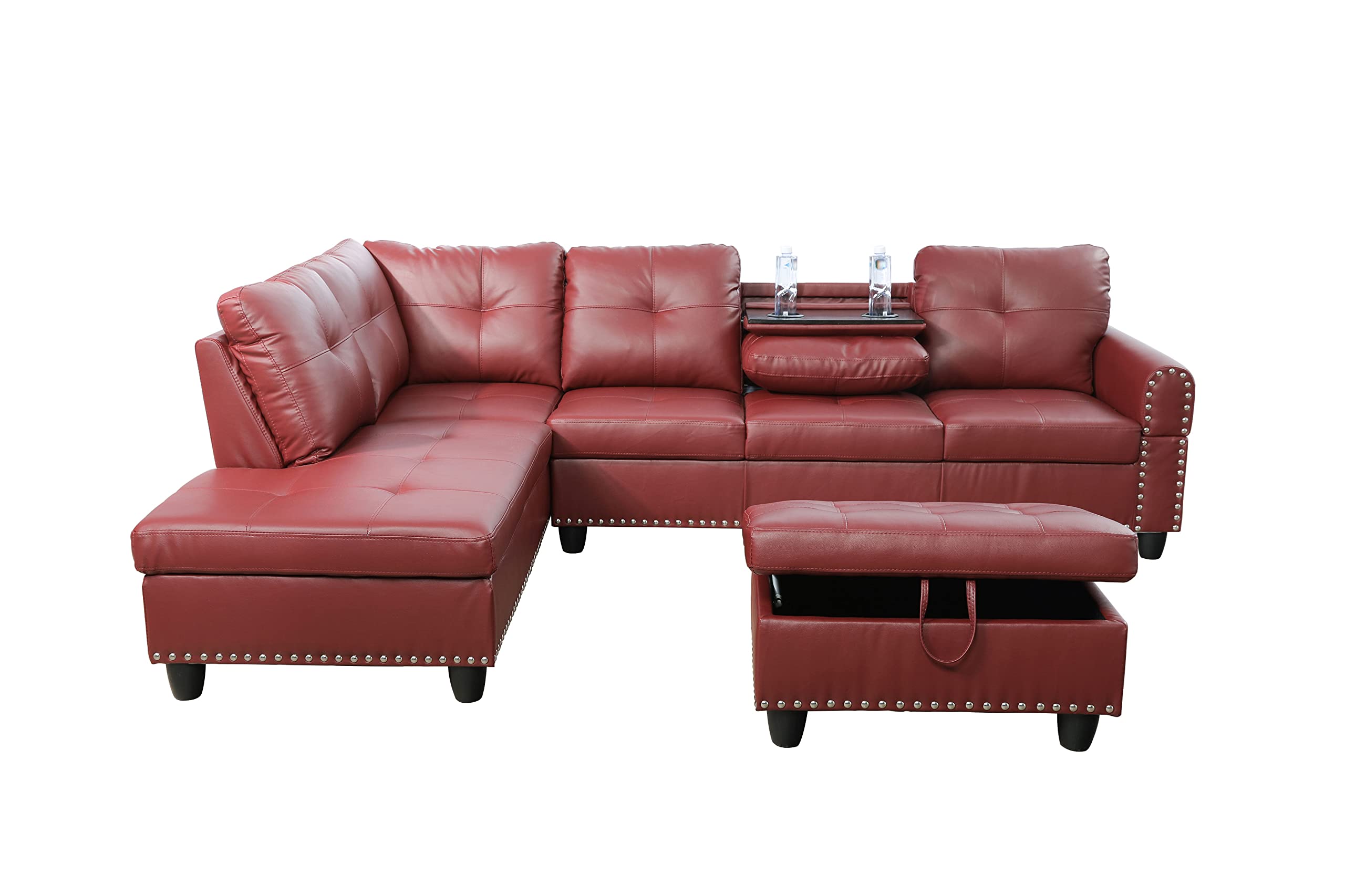 EZLUX Red Faux Synthetic Leather Left Chaise Sectional Sofa Couch Set with Storage Ottoman and Cup Holder for Living Room, Onesize