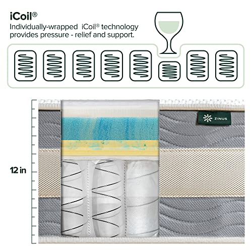 ZINUS 12 Inch Green Tea Cooling Gel Memory Foam Hybrid Mattress / Pocket Innersprings for Motion Isolation / Edge Support, Queen, White