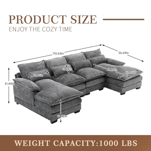 Eafurn Free Combination U Shaped Sectional Chaise Lounge,Velvet Upholstery Symmetrical Modular Solid Wood Legs,Convertible Sleeper Sofa & Couch Living Room Furniture Sets, Gray 110.63"