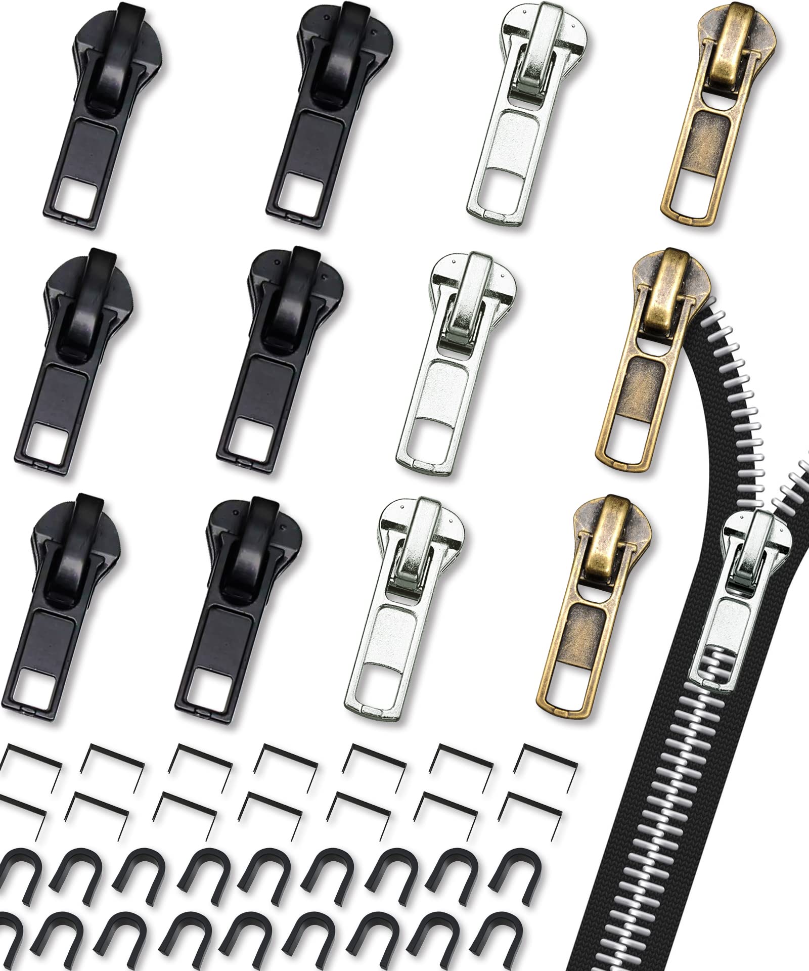 Zipper Repair Kit (52 Pcs), Universal #5 Zipper Replacement Slider Kit, Zipper Pull Replacement, Zipper Fix Repair Kit for Jackets, Coats, Boot, Backpack, Hoodie, Metal, Plastic & Nylon Coil Zippers