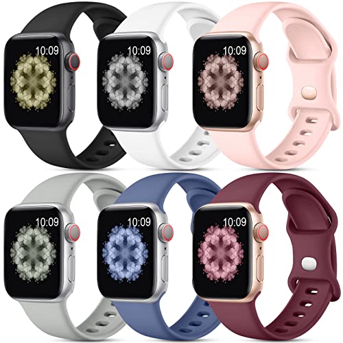 [6 Pack] SNBLK Compatible with Apple Watch Band 38mm 40mm 41mm 42mm 44mm 45mm, Silicone Strap for iWatch Series 7 6 5 4 3 2 1 SE, Black/Blue Gray/White/Pink/Gray/Wine Red, 38mm/40mm/41mm
