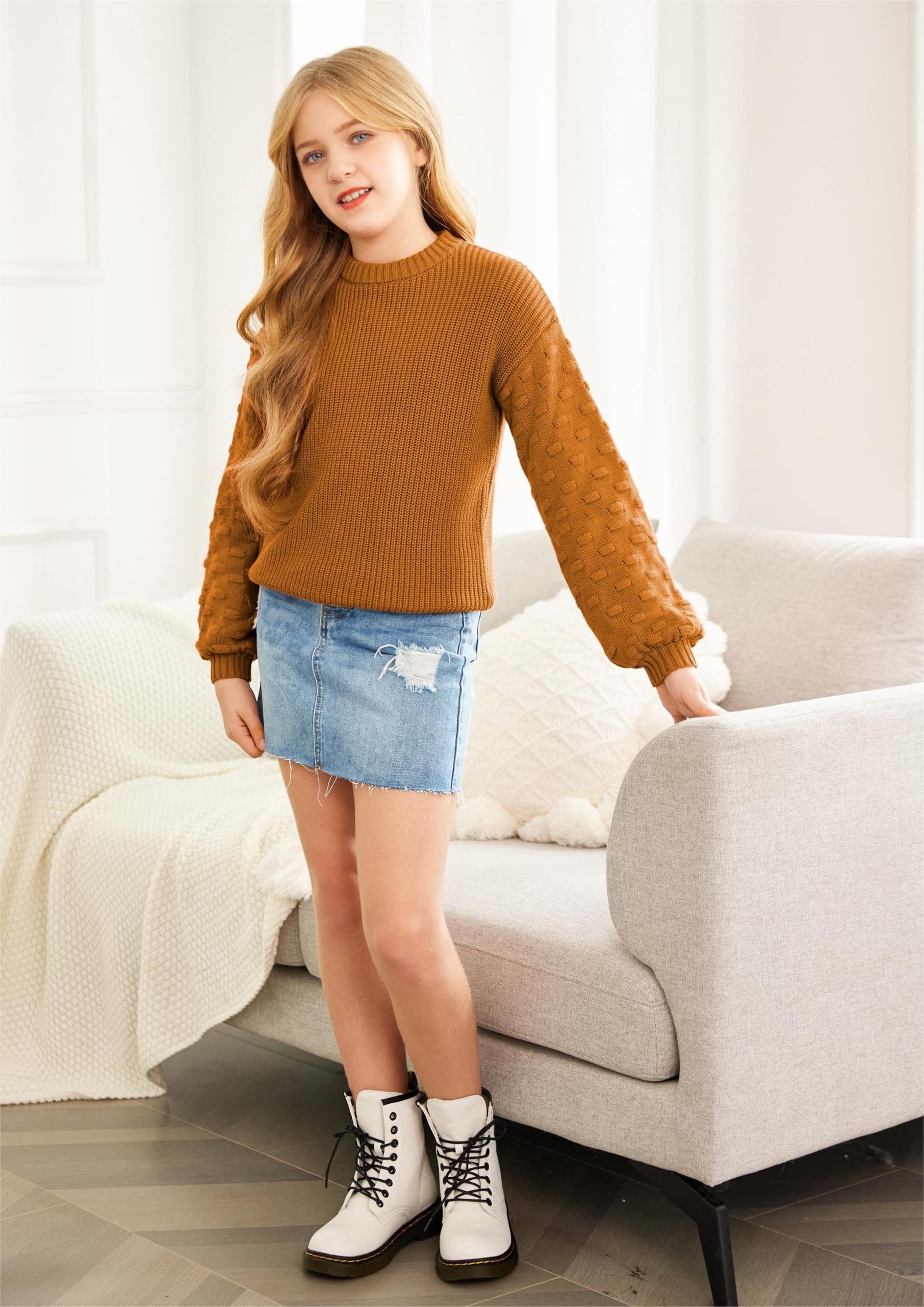 Arshiner Kids Girls Slouchy Chunky Sweater Drop Shoulder Puff Long Sleeve Pullovers Ribbed Loose Outwear Brown 11-12 Years