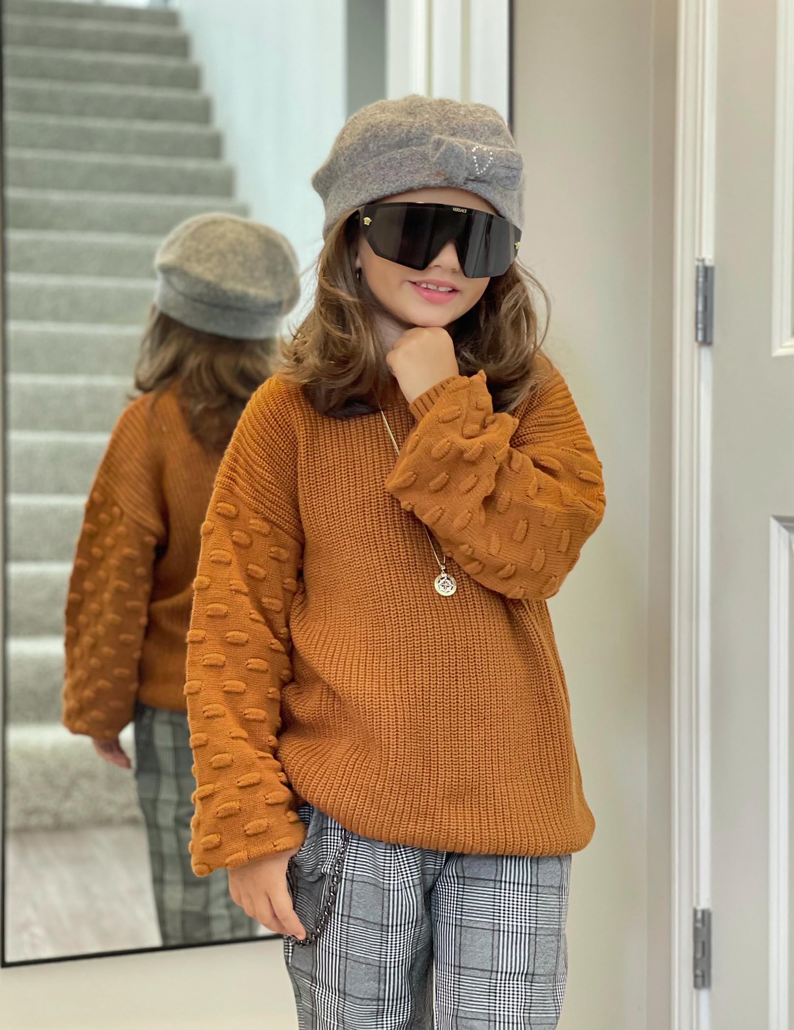 Arshiner Kids Girls Slouchy Chunky Sweater Drop Shoulder Puff Long Sleeve Pullovers Ribbed Loose Outwear Brown 11-12 Years