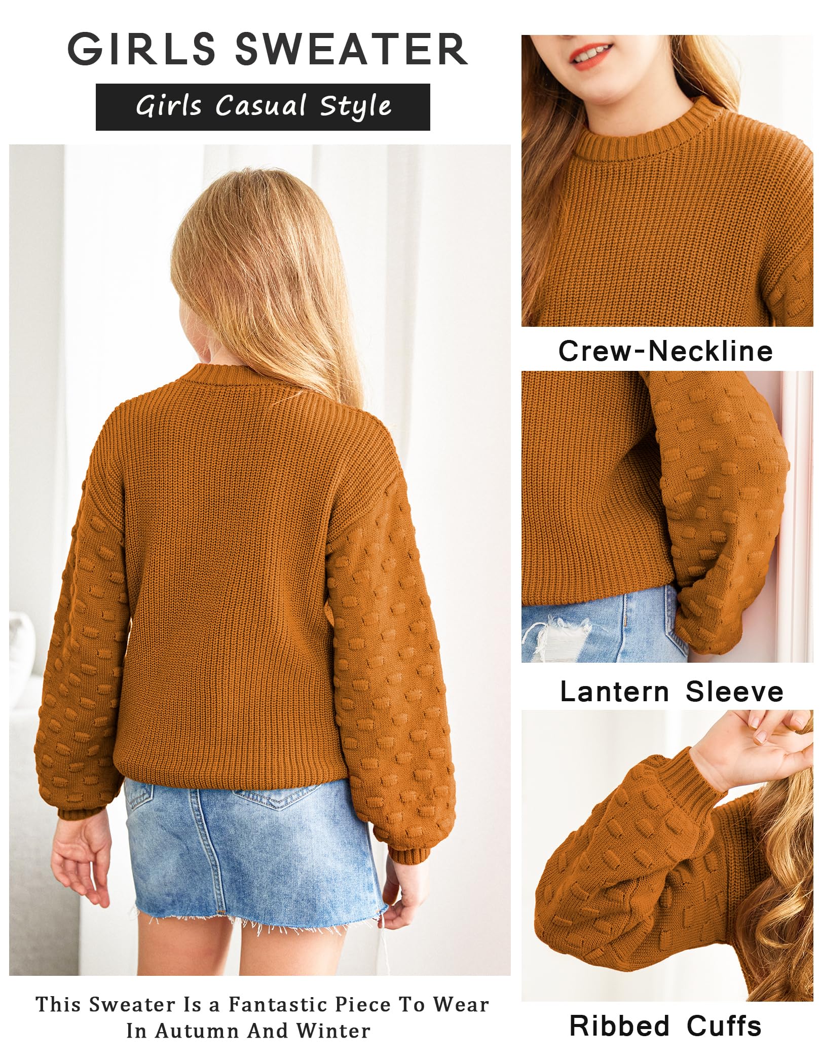 Arshiner Kids Girls Slouchy Chunky Sweater Drop Shoulder Puff Long Sleeve Pullovers Ribbed Loose Outwear Brown 11-12 Years