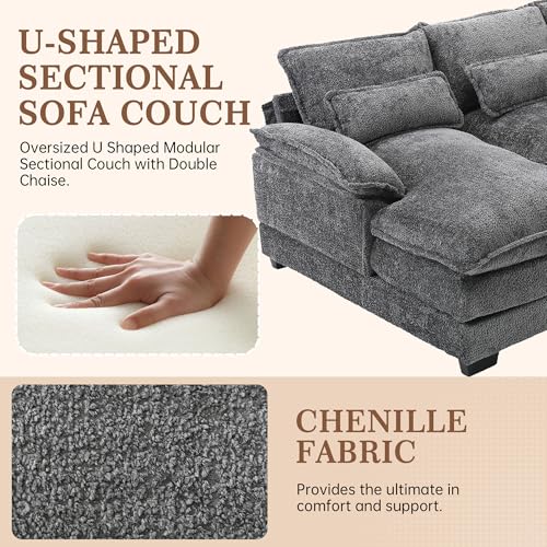 Eafurn Free Combination U Shaped Sectional Chaise Lounge,Velvet Upholstery Symmetrical Modular Solid Wood Legs,Convertible Sleeper Sofa & Couch Living Room Furniture Sets, Gray 110.63"