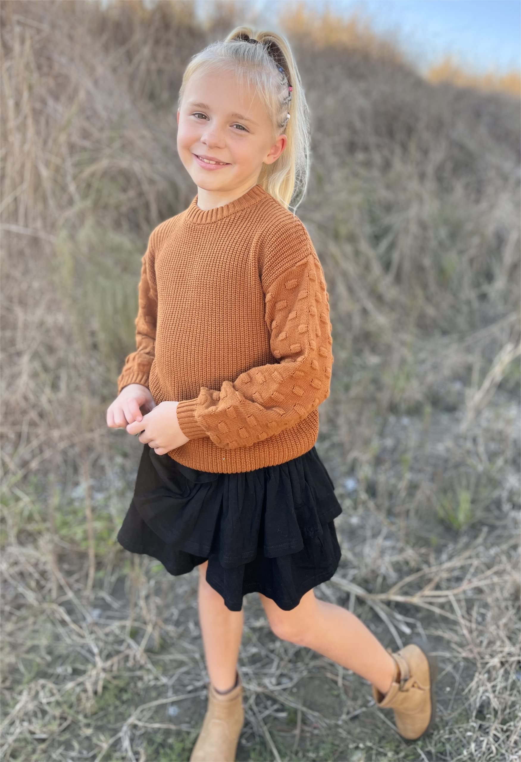 Arshiner Kids Girls Slouchy Chunky Sweater Drop Shoulder Puff Long Sleeve Pullovers Ribbed Loose Outwear Brown 11-12 Years