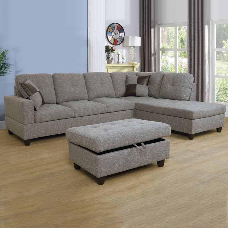 HOMVET Grey Linen Sectional Sofa Furniture Set, L-Shape Couch with Right Chaise, Storage Ottoman, and 2 Toss Pillows,for Living Room/Apartment/Office, Gray
