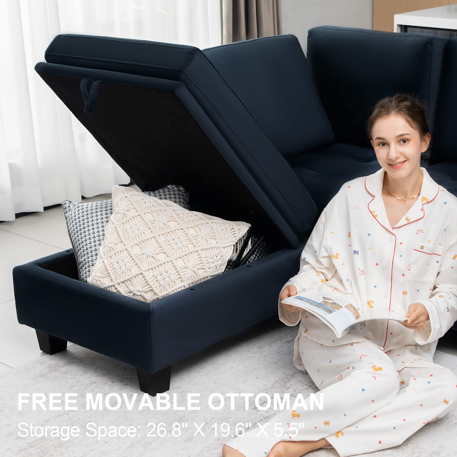 Belffin Velvet Convertible 4-Seat Sectional Sofa with Reversible Chaise L Shaped Sofa Couch Furniture Sets Sectional Couch with Storage Ottoman Blue