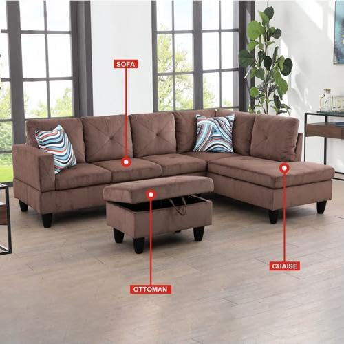 SOCOUCH Corduroy Fabric Sectional Corner Sofa, L-Shape Couch with Storage Ottoman, Living Room Furniture Sets Design for Large Space Dorm Apartment Office, Right Chaise, Brown