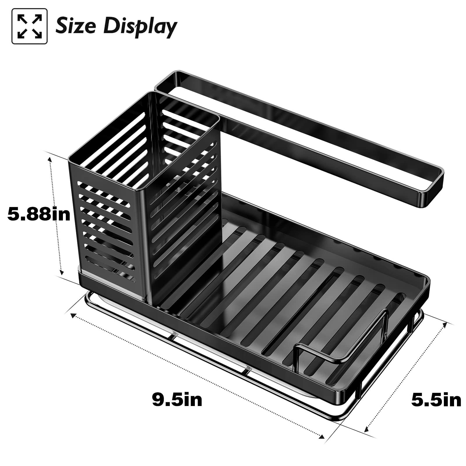 Sink Caddy, Kitchen Sink Organizer, Sponge Holder Stainless Steel Kitchen Caddy for Kitchen Sink with Removable Drain Pan Storage for Soap, Sponge, Scrubber Brush, Bottles, Dishcloth-Black