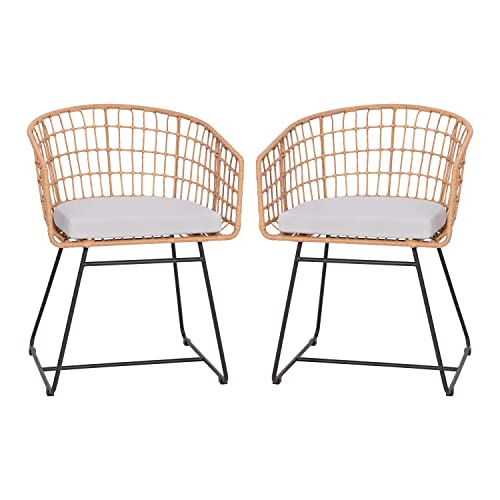 Flash Furniture Devon Set of 2 Indoor/Outdoor Patio Boho Club Chairs, Rope with PE Wicker Rattan, Cushions and Sled Base, Natural/Light Gray