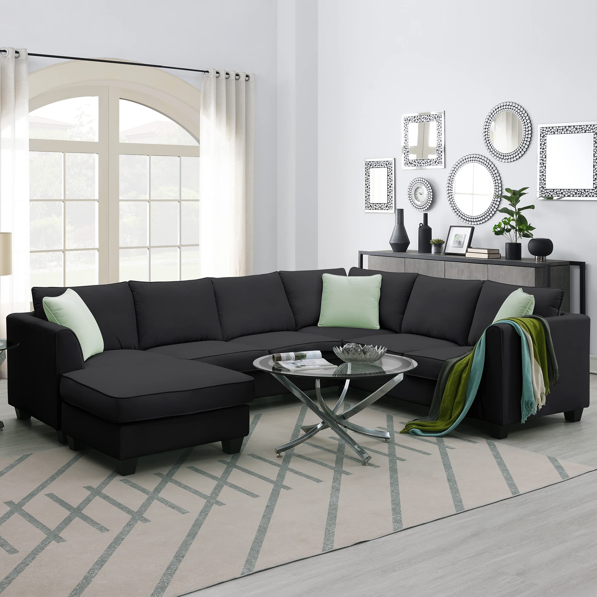 POCIYIHOME 11287" Sectional Ottoman, Convertible L Shape Fabric Corner Couch Set with 3 Pillows, 7 Seats Modular Sofa Chaise for Living Room,Office,Apartment, Polyester, Black