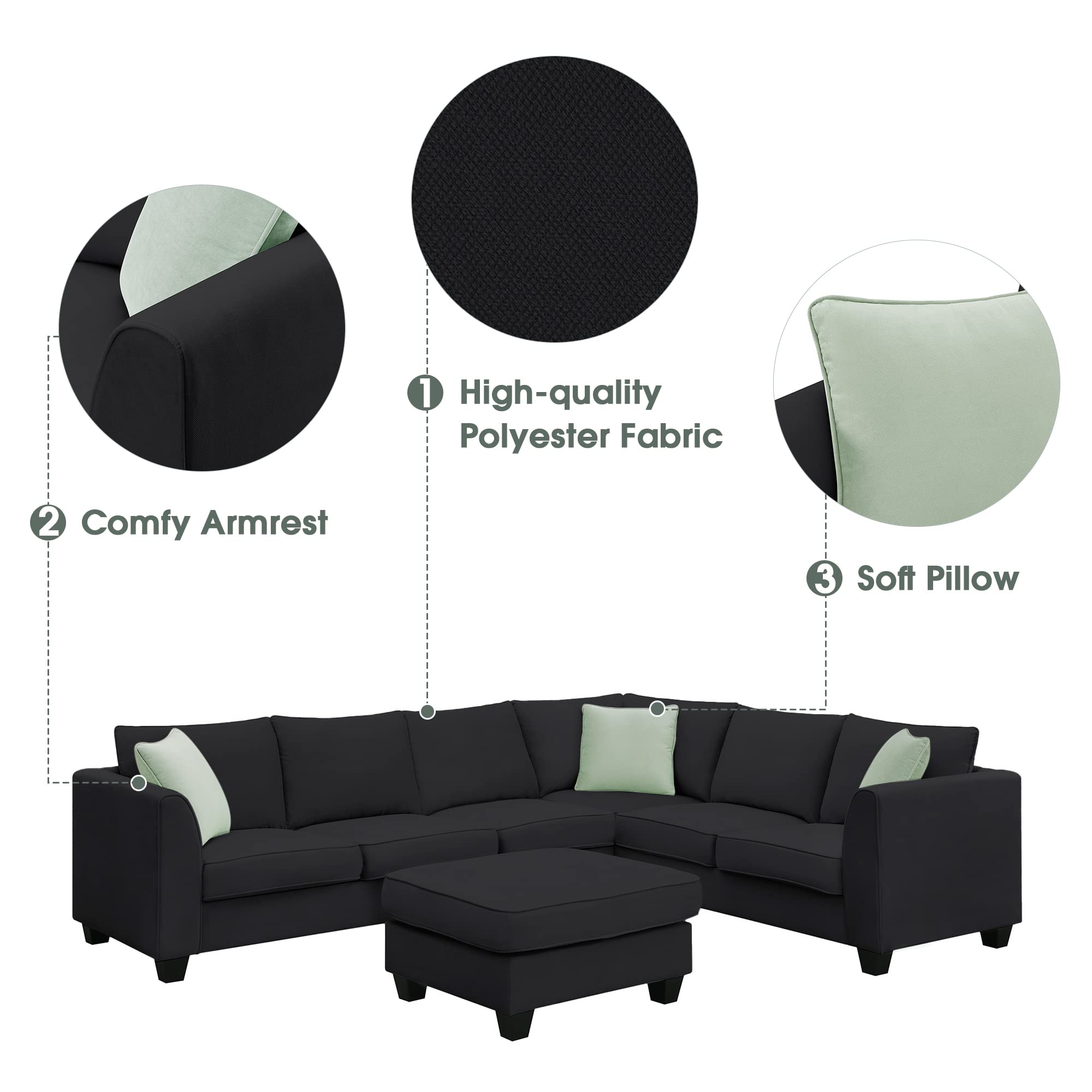 POCIYIHOME 11287" Sectional Ottoman, Convertible L Shape Fabric Corner Couch Set with 3 Pillows, 7 Seats Modular Sofa Chaise for Living Room,Office,Apartment, Polyester, Black