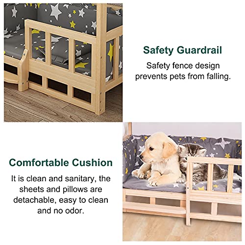 HYDT Solid Wood Frame Pet Cot for Large/Small Dogs,Elevated Dog Bed with Guardrail,Stairs&Mattress,Double-Layer Pet Bed for Cat (Size : 105x60x80cm/41.3x23.6x31.5in)