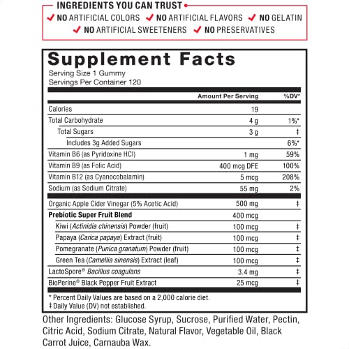 ProbioSlim Apple Cider Vinegar Gummies with Organic Apple Cider Vinegar and LactoSpore Probiotics and Prebiotics to Support Digestion, Metabolism, and Immune Health, 120 Count (Pack of 1)