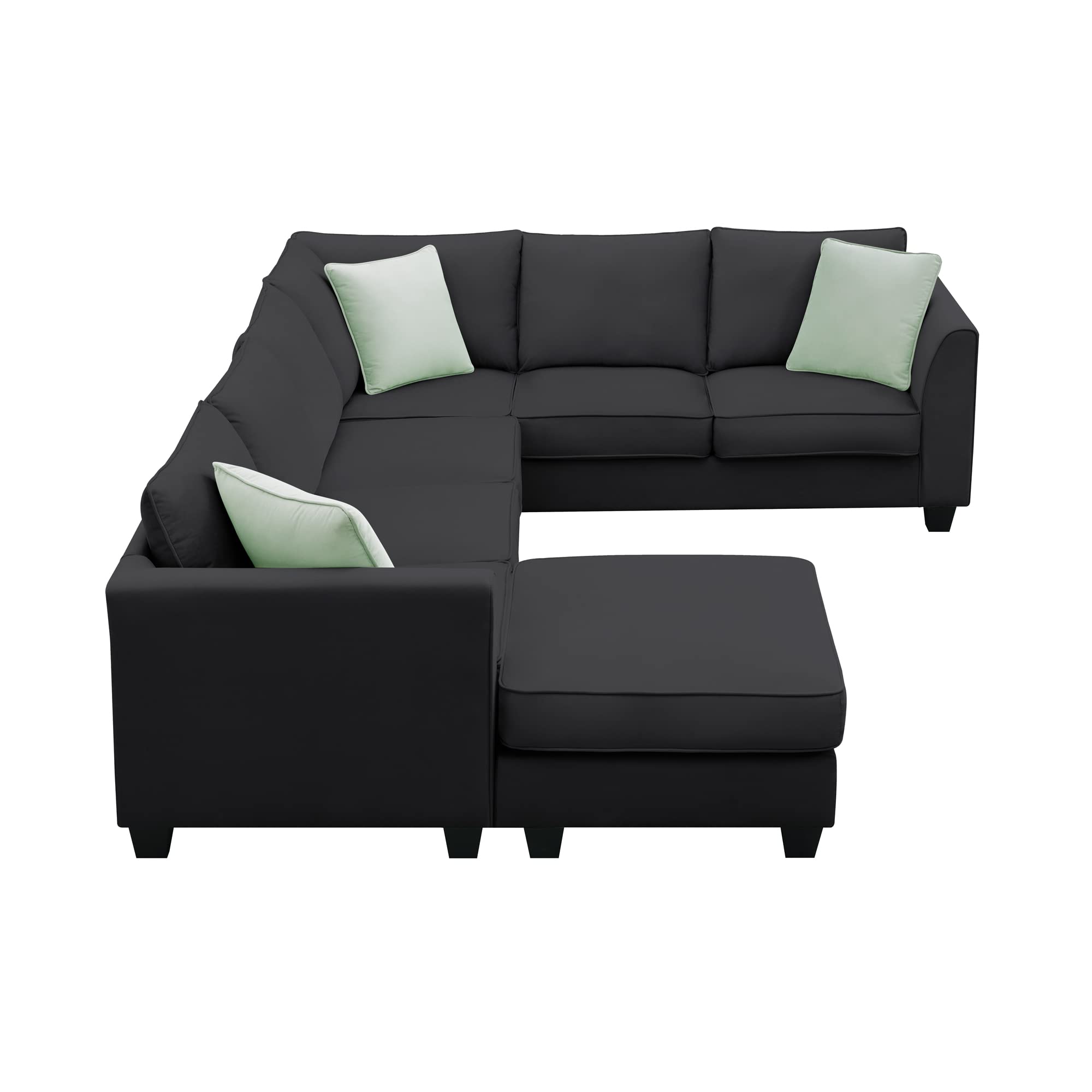 POCIYIHOME 11287" Sectional Ottoman, Convertible L Shape Fabric Corner Couch Set with 3 Pillows, 7 Seats Modular Sofa Chaise for Living Room,Office,Apartment, Polyester, Black